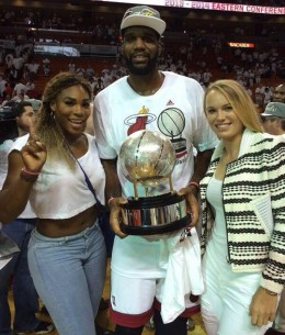 Serena Williams, Caroline Wozniacki and Greg Oden celebrate Heat win