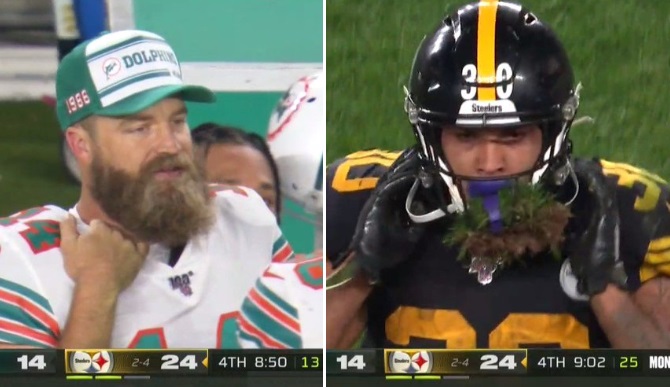James Conner comes up with face full of turf in his helmet facemask ...