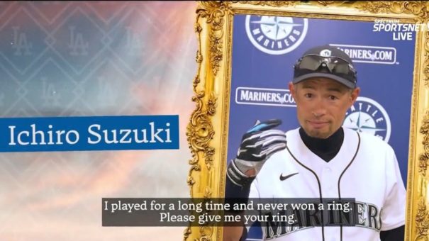 Ichiro makes hilarious cameo at Dodgers' World Series ring ceremony