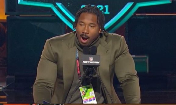 Look: Myles Garrett looked absolutely enormous in his suit at NFL Draft