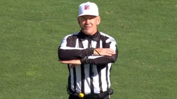 Referee Clete Blakeman struggled making delay of game announcement
