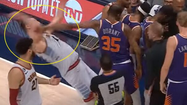 Nikola Jokic flops after shove from Kevin Durant