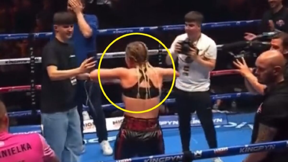 Boxer Daniella Hemsley celebrates win by flashing crowd