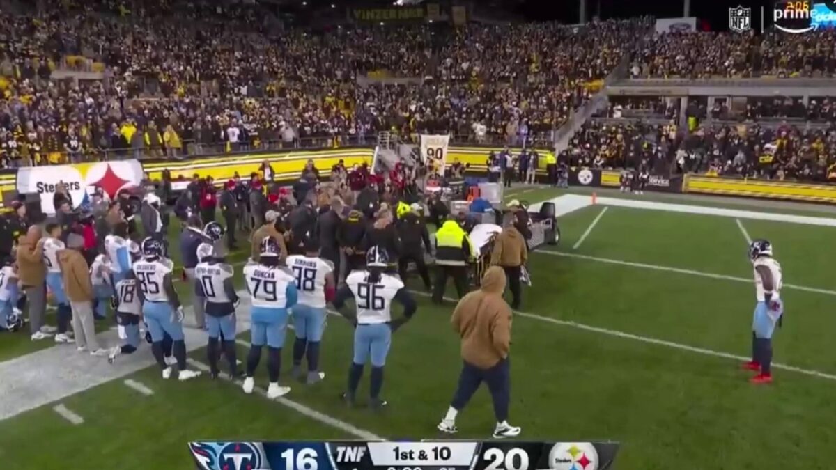 Titans WR Treylon Burks stretchered off field after wicked landing