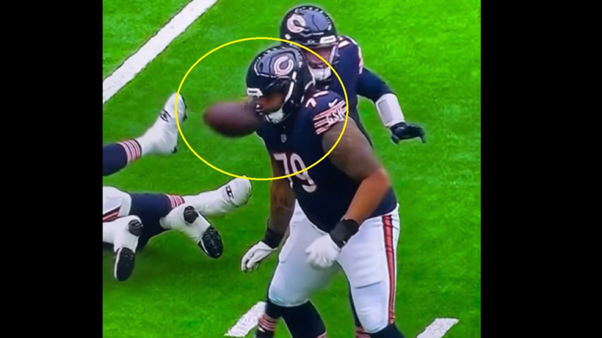 Caleb Williams threw pass off lineman's helmet in comical blooper