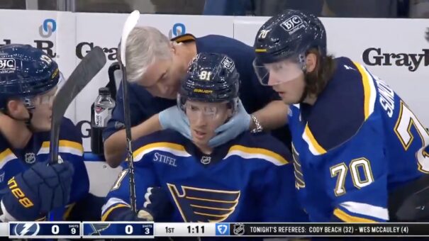 Blues' Dylan Holloway leaves game in stretcher after puck hit his neck